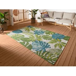 Outdoorteppich Hanse Home "Tropical Leaves", bunt (türkis,grün), B:240cm H:3mm L:340cm, Polyester, Polypropylen (PP), Teppiche, Outdoorteppich, In-& Outdoor, Wetterfest, Balkon, Garten, Wohnzimmer, Floral, Palme