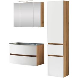 Badezimmer-Set Welltime "Kaunas", weiß (matt weiß, wotaneiche), B:120cm H:200cm T:49cm, Kastenmöbel-Sets, bestehend aus Waschtisch-Set mit Seitenschrank, Breite 120 cm