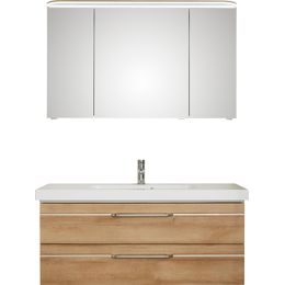 Badmöbel-Set SAPHIR "Balto Sprint 2-teilig, Mineralmarmor-Waschtisch mit LED-Spiegelschrank", braun (riviera eiche quer nachbildung), B:123cm H:200cm T:50,8cm, Spanplatte, Kastenmöbel-Sets, Badezimmer Set inkl. Türdämpfer, 3 Türen, 2 Schubladen