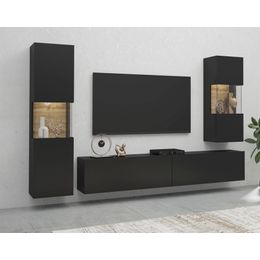 Wohnwand Inosign "Ava, Wohnzimmer-Set hängend/stehend montierbar, Vitrine, Lowboard", braun (schwarz matt, eichefarben votan), Kastenmöbel-Sets, 3-tlg.