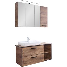 Badmöbel-Set SAPHIR "Quickset 374 3-teilig, Keramik-Aufsatzbecken mit LED-Spiegelschrank", braun (eiche ribbeck quer nachbildung), B:105cm H:200cm T:44,5cm, Spanplatte, Kastenmöbel-Sets, Hängeschrank, 4 Türen, 2 Schubladen, inkl. Türdämpfer, Bad-Set