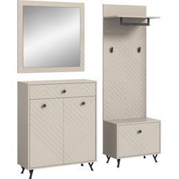 Garderoben-Set Inosign "Mento, 4-teilig, Ornamentfräsung in der Front, bestehend aus:", beige (sandbeige), B:195cm H:190cm T:35cm, Glas, Holzwerkstoff, MDF, Kastenmöbel-Sets, Kommode, Spiegel, Sitzbank & Garderobenpaneel, Metall Griffe & Füße