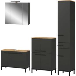 Badmöbel-Set Germania "Yonkers", braun (graphit, navarra, eiche, nachbildung), B:204cm H:190cm T:34cm, Spanplatte, Kastenmöbel-Sets, Set bestehend aus Waschbeckenunterschrank, Spiegelschrank, Hochschrank