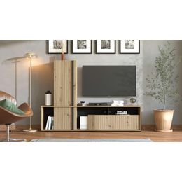 Wohnwand Inosign "Chania, 195 cm, inkl. TV Board und Highboard", braun (artisan eiche stripes), B:195,5cm H:139,5cm T:33cm, Hartfaserplatte, Kunststoff, MDF, Metall, Spanplatte, Kastenmöbel-Sets, Trendfarben, mit dekorativen schwarzen Streifen, in Artisan Eiche
