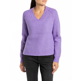 V-Ausschnitt-Pullover Replay, Damen, Gr. M, lila (lavendel), Strick, Obermaterial: 47% Polyester, 37% Polyacryl, 10% Polyamid, 6% Wolle, V-Ausschnitt, Raglanärmel, Pullover