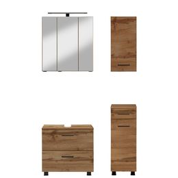 Badmöbel-Set Welltime "Trento, Badezimmer-Set, Waschbeckenunterschrank, Hängeschrank", braun (wotaneiche, wotaneiche), B:90cm H:200cm T:35cm, Holzwerkstoff, MDF, Kastenmöbel-Sets, Unterschrank, Waschbeckenunterschrank, Spiegelschrank, Aufbauleuchte