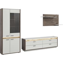 Wohnwand Inosign "Treviso, Breite 299 cm, bestehend aus: 1x Vitrine, 1x Lowboard und", grau (nox oak dunkel, hellgrau nachbildung), B:299cm H:198cm T:43cm, Spanplatte, Kastenmöbel-Sets, 1x Wandboard, Kombination, Wohnkombination, Mediawand, TV-Wand