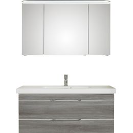Badmöbel-Set SAPHIR "Balto Sprint 2-teilig, Mineralmarmor-Waschtisch mit LED-Spiegelschrank", grau (graphit struktur quer nachbildung), B:123cm H:200cm T:50,8cm, Spanplatte, Kastenmöbel-Sets, Badezimmer Set inkl. Türdämpfer, 3 Türen, 2 Schubladen