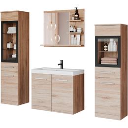 Badmöbel-Set Welltime "MADRIT", braun (eiche san remo), B:120cm H:131,5cm T:34,5cm, Holzwerkstoff, Kastenmöbel-Sets, Waschtisch inkl. Waschbecken, Badschrank, Hochschrank, Spiegel