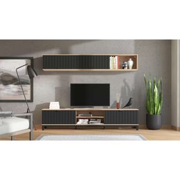 Wohnwand Inosign "Monaco inkl. TV- Board und Wandregal", schwarz (schwarz matt foil), B:218cm H:200cm T:40cm, Hartfaserplatte, MDF, Spanplatte, Kastenmöbel-Sets, 218 cm, Trendfarben, Front in 3D-Optik