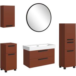 Badmöbel-Set Welltime "SALVADA, 5tlg-Set, gedämpfte Scharniere, Softclose, Keramikbecken", rot, B:180cm H:200cm T:47,5cm, MDF, Kastenmöbel-Sets, Badmöbel-Set, Rot, Keramikbecken 1 od. 2 Armaturlochbohrungen