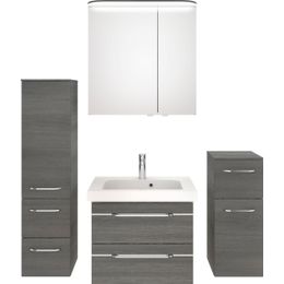 Badm&ouml;bel-Set SAPHIR "Balto Sprint 4-teilig, Mineralmarmor-Waschtisch mit LED-Spiegelschrank", grau (graphit struktur quer nachbildung), B:130cm H:200cm T:46cm, Spanplatte, Kastenm&ouml;bel-Sets, Badm&ouml;bel-Set, mit Unterschrank, Midischrank, inkl. T&uuml;rd&auml;mpfer, 4 T&uuml;ren, 5 Schubladen
