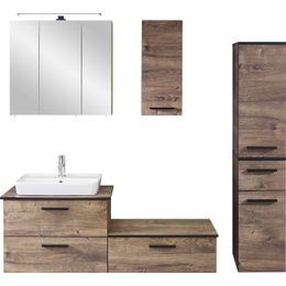 Badmöbel-Set SAPHIR "Quickset 374 6-teilig Keramik-Aufsatzbecken mit LED-Spiegelschrank", braun (eiche ribbeck quer nachbildung), B:142cm H:200cm T:44,5cm, Spanplatte, Kastenmöbel-Sets, Unterschrank, Midischrank, Hängeschrank, inkl. Türdämpfer, 6 Türen