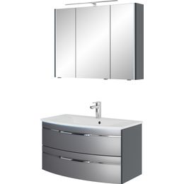 Badmöbel-Set SAPHIR "Serie 7045 2-teilig Mineralmarmor-Waschtisch mit LED-Spiegelschrank", grau (stahlgrau metallic), B:93,2cm H:200cm T:50,1cm, Spanplatte, Kastenmöbel-Sets, Badezimmer-Set 93,2 cm breit, inkl. Türdämpfer, 3 Türen, 2 Schubladen