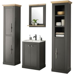 Badm&ouml;bel-Set Home Affaire "WESTMINSTER, Bad im Landhausstil, 4-teiliges Badezimmer", grau (grau dunkel), B/H/T: 200cmcm x 203cmcm x 46cmcm, Kastenm&ouml;bel-Sets, Badm&ouml;bel-Set, Waschtisch, Spiegel, 2 Hochschr&auml;nke, in 2 Farben, Breite 200 cm