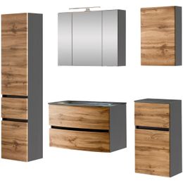 Badezimmer-Set Welltime "Kaunas", grau (wotaneiche, grau), B:160cm H:200cm T:49cm, Kastenmöbel-Sets, bestehend aus Waschtisch-Set mit Seitenschrank, Breite 160 cm