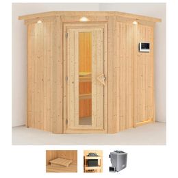 Sauna Karibu "Clara", beige (naturbelassen), Bio-Kombiofen, externe Steuerung, 9 kW, Saunen, Ofen 9 kW Bio externe Strg easy