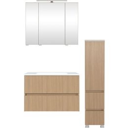 Badm&ouml;bel-Set Welltime "EIXO, Set aus Spiegelschrank, Waschtisch und Midischrank", braun (eiche hell), B:110cm H:200cm T:47cm, Holzwerkstoff, Kastenm&ouml;bel-Sets, Badm&ouml;bel-Set, Set 110 cm breit, Badm&ouml;bel mit LED-Beleuchtung