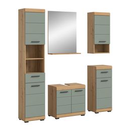 Badmöbel-Set Inosign "Siena, 5 teilig, bestehend aus:", grün (artisan eiche nb, salbei nb), B:164cm H:191cm T:34cm, Holzwerkstoff, MDF, Kastenmöbel-Sets, Hochschrank, WBU, Spiegel, Unterschrank, Hängeschrank