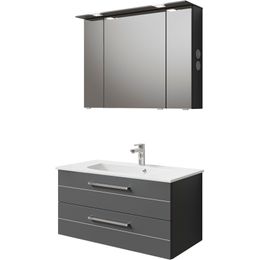 Badmöbel-Set SAPHIR "Serie 6025 2-teilig Mineralmarmor-Waschtisch mit LED-Spiegelschrank", grau (quarzgrau matt select), B:97cm H:200cm T:48cm, Spanplatte, Kastenmöbel-Sets, Waschplatz 97 cm breit, 2 Schubladen, 3 Spiegel-Türen, inkl Türdämpfer