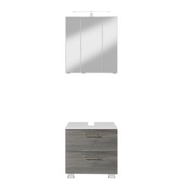 Badmöbel-Set Welltime ""Trento", Badezimmer-Set, Waschbeckenunterschrank, Spiegelschrank", silber (eiche rauchsilber), B:60cm H:200cm T:35cm, Holzwerkstoff, MDF, Kastenmöbel-Sets, Badmöbel-Set, inkl. LED Aufbauleuchtung Schalter/Steckdose, Möbel Made in Germany