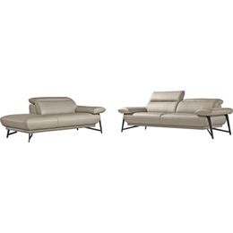 Sofa Egoitaliano "Anais, Design mit hohem Sitzkomfort, Fußfarbe schattengrau", grau, Sofas, Leder CAREZZA, Ottomane Armlehne rechts, Set, Kopfteil verstellbar, Leder CAREZZA, grau