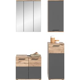 Badmöbel-Set Inosign "Riga, 4 teilig, bestehend aus:", braun (holzfarben), B:112cm H:190cm T:34cm, Holzwerkstoff, Kastenmöbel-Sets, Waschbeckenunterschrank, Spiegel, Unterschrank, Hängeschrank