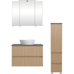Badmöbel-Set Welltime "EIXO, Set aus Spiegelschrank, Waschtisch und Midischrank", braun (eiche hell), B:110cm H:200cm T:47cm, Spanplatte, Kastenmöbel-Sets, Set 110 cm breit, Badmöbel mit LED-Beleuchtung