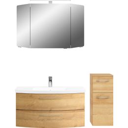 Badmöbel-Set SAPHIR "Cassca Sprint 3-teilig Mineralmarmor-Waschtisch mit LED-Spiegelschrank", braun (riviera eiche quer nachbildung), B:131cm H:200cm T:50,5cm, Spanplatte, Kastenmöbel-Sets, mit Unterschrank, 4 Türen, 3 Schubladen, inkl. Türdämpfer