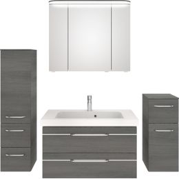 Badmöbel-Set SAPHIR "Balto Sprint 4-teilig, Mineralmarmor-Waschtisch mit LED-Spiegelschrank", grau (graphit struktur quer nachbildung), B:152cm H:200cm T:50,8cm, Spanplatte, Kastenmöbel-Sets, Midischrank und Unterschrank, inkl Türdämpfer, 5 Türen, 5 Schubladen