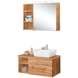 Badmöbel-Set Welltime "Davos", braun (eichefarben), Becken rechts, Kastenmöbel-Sets, Spiegelschrank, Regal und Waschtisch