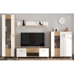 Wohnzimmer-Set Inosign "Bretagna Wohnwand, Mediawand, Anbauwand, TV-Wand, Breite 302 cm", beige, B:301,5cm H:202,5cm T:41,5cm, Glas, Hartfaserplatte, Kunststoff, MDF, Metall, Spanplatte, Kastenmöbel-Sets, Set besteht aus 2 Vitrinen, TV-Board und Wandregal, in Artisan Eiche