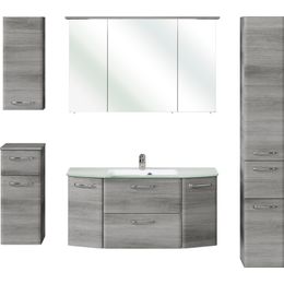 Badmöbel-Set SAPHIR "Quickset 5-teilig, Glaswaschtisch und LED-Spiegelschrank", grau (graphit struktur quer nachbildung), B:175cm H:200cm T:48cm, Spanplatte, Kastenmöbel-Sets, Hochschrank, Unterschrank, Hängeschrank, inkl. Türdämpfer