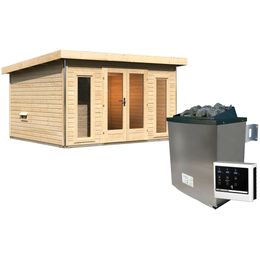 Saunahaus Karibu "Maiko 2B", beige (naturbelassen), Saunaofen, externe Steuerung, 9 kW, Saunen, Ofen 9 KW externe Strg easy