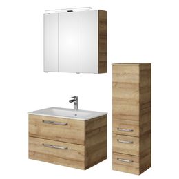 Badmöbel-Set SAPHIR "Badmöbel-Set Trentino 3-tlg Mineralmarmorwaschtisch,LED-Spiegelschrank", braun (riviera eiche quer nb), Kastenmöbel-Sets, Badezimmer-Set mit Midischrank inkl. Türdämpfer