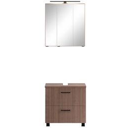 Badm&ouml;bel-Set Welltime ""Trento", Badezimmer-Set, Waschbeckenunterschrank, Spiegelschrank", braun (cannelloeiche), B:60cm H:200cm T:35cm, Holzwerkstoff, MDF, Kastenm&ouml;bel-Sets, Badm&ouml;bel-Set, inkl. LED Aufbauleuchtung Schalter/Steckdose, M&ouml;bel Made in Germany