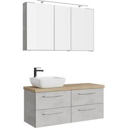 Badmöbel-Set SAPHIR "Serie 4035 2-teilig, Keramik-Aufsatzbecken mit LED-Spiegelschrank", grau (oxid hellgrau quer), B:120cm H:200cm T:44,5cm, Spanplatte, Kastenmöbel-Sets, Waschplatz inkl. Türdämpfer, 120 cm breit, 4 Schubladen, 3 Türen