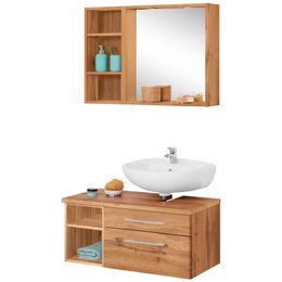 Badmöbel-Set Welltime "Davos", braun (eichefarben), Siphonausschnitt rechts, Holzwerkstoff, Kastenmöbel-Sets, Spiegel inklusive Beleuchtung, Regal und Waschplatz