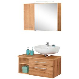 Badm&ouml;bel-Set Welltime "Davos", braun (eichefarben), Siphonausschnitt rechts, Holzwerkstoff, Kastenm&ouml;bel-Sets, Badm&ouml;bel-Set, mit LED-Beleuchtung, H&auml;ngeschrank und Waschbeckenunterschrank