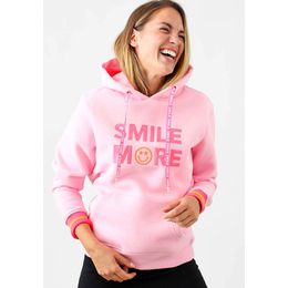 Hoodie Zwillingsherz ""Smile More"", Damen, Gr. L/XL (L/XL), pink, Sweatware, Obermaterial: 50% Baumwolle, 50% Polyester, unifarben mit Farbeinsatz, comfort fit, V-Ausschnitt, Bündchen, Sweatshirts, Neonbündchen, Kapuze, Langarm, Bänder mit Schrifzug, Kängurutasche