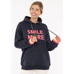 Hoodie Zwillingsherz ""Smile More"", Damen, Gr. SM (S/M), blau (marine), Sweatware, Obermaterial: 50% Baumwolle, 50% Polyester, comfort fit, V-Ausschnitt, Bündchen, Sweatshirts Hoodie, Neonbündchen, Kapuze, Langarm, Bänder mit Schrifzug, Kängurutasche