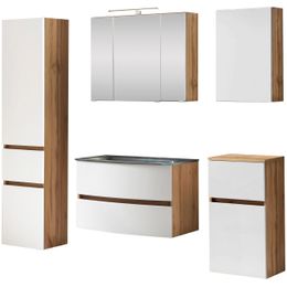 Badezimmer-Set Welltime "Kaunas", weiß (matt weiß, wotaneiche), B:160cm H:200cm T:49cm, Kastenmöbel-Sets, bestehend aus Waschtisch-Set mit Seitenschrank, Breite 160 cm