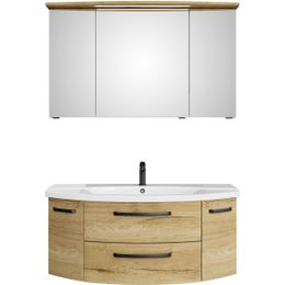 Badm&ouml;bel-Set SAPHIR "Serie 4010 2-teilig Keramik-Waschtisch mit LED-Spiegelschrank", braun (halifax eiche quer nachbildung), B:122cm H:200cm T:48cm, Spanplatte, Kastenm&ouml;bel-Sets, Badm&ouml;bel-Set, Badezimmer Set 122 cm breit, inkl. T&uuml;rd&auml;mpfer, 5 T&uuml;ren, 2 Schubladen