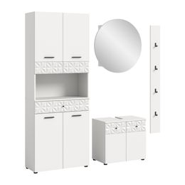 Badezimmer-Set Inosign "VICENZA, TOPSELLER, Breite 176cm, 4-teilig, mit Ornamentabsetzung", weiß, B:176cm H:187cm T:37cm, Holzwerkstoff, MDF, Kastenmöbel-Sets, Hochschrank, Waschbeckenunterschrank, Spiegelschrank und Hakenleiste