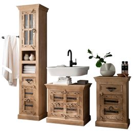 Badmöbel-Set Sit, beige (natur), 1 Hochschrank, 1 Unterschrank, 1 Spiegel, 1 kleiner Schrank, 1 Hängeschrank, Massivholz, Kastenmöbel-Sets, Front mit aufwändigen Schnitzereien, Ringgriffe & Beschläge aus Metall