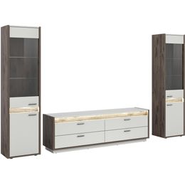 Wohnwand Inosign "Treviso, Breite 319 cm, bestehend aus: 2x Vitrine und 1x Lowboard", grau (nox oak dunkel, hellgrau nachbildung), B:319cm H:198cm T:43cm, Spanplatte, Kastenmöbel-Sets, Kombination, Wohnkombination, Mediawand, TV-Wand