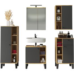 Badmöbel-Set Inosign "OSLO, Bad im skandinavischen Design, 5-teiliges Badezimmer", grau (eiche evoke, grau), B:182cm H:200cm T:33cm, Holzwerkstoff, Kastenmöbel-Sets, Badschränke und Spiegel, in zwei Farben verfügbar, viel Stauraum