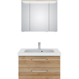 Badmöbel-Set SAPHIR "Balto Sprint 2-teilig, Mineralmarmor-Waschtisch mit LED-Spiegelschrank", braun (riviera eiche quer nachbildung), B:92cm H:200cm T:50,8cm, Spanplatte, Kastenmöbel-Sets, Badezimmer Set 92 cm breit, inkl. Türdämpfer, 3 Türen, 2 Schubladen