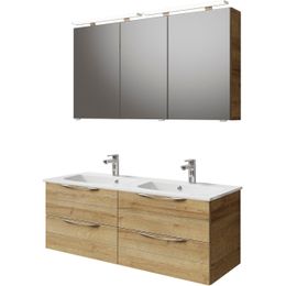 Badmöbel-Set SAPHIR "Serie 6025 2-teilig Mineralmarmor-Waschtisch mit LED-Spiegelschrank", braun (riviera eiche quer nb), B:132cm H:200cm T:48cm, Spanplatte, Kastenmöbel-Sets, Waschplatz 132cm breit, 4 Schubladen, 2 Spiegel-Türen, inkl Türdämpfer