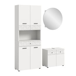 Badezimmer-Set Inosign "VICENZA, TOPSELLER, Breite 145cm, 3-teilig, mit Ornamentabsetzung", weiß, B:145cm H:187cm T:37cm, Holzwerkstoff, MDF, Kastenmöbel-Sets, Hochschrank, Waschbeckenunterschrank und Spiegelschrank